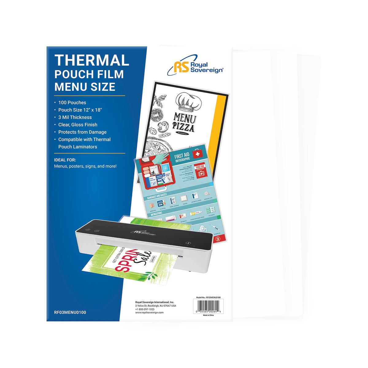 RF03MENU0100, Thermal Laminating Pouches, Menu Size – Royal Sovereigns CA